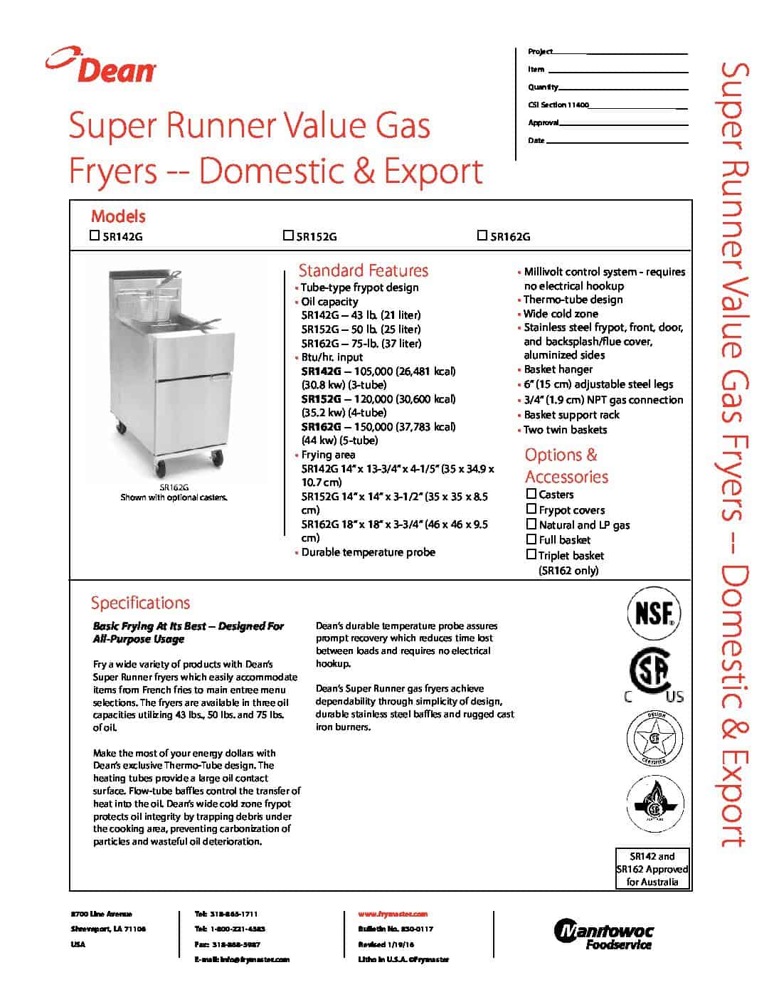 SR1426 Dean Fryer – Natural Gas Each – Shop Kitchen Solutions