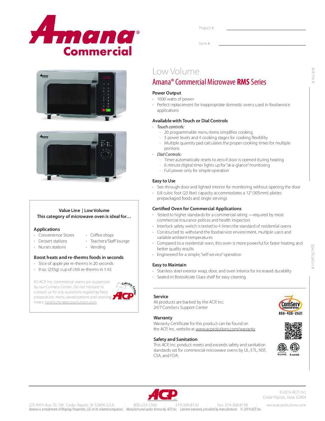 RMS10DSA Amana Microwave Oven 0.8 cu ft 1000 watts low volume DIAL ...